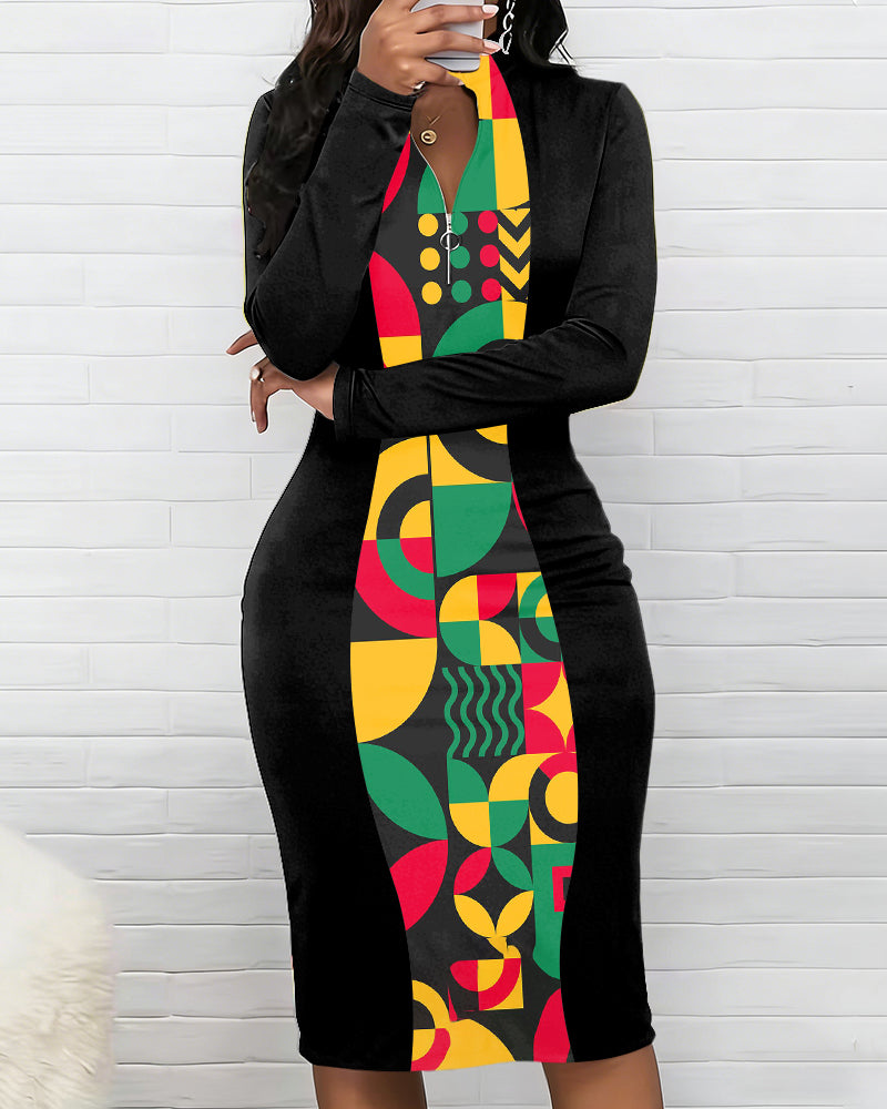 Reggae Geometric Print Zipper Stand Collar Long Sleeve Bodycon Dress ...