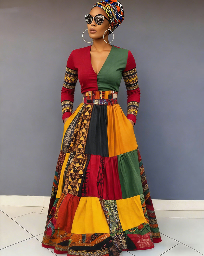 V-neck Reggae Color Blocking Print Pocket Long-Sleeved Maxi Dress ...