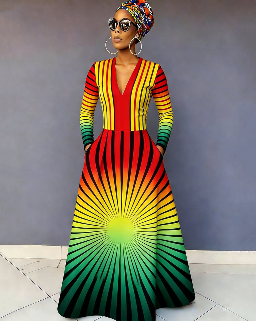 V-Neck Reggae Colors Long-Sleeved Maxi Dress – wmnblack